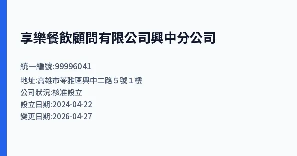 享樂餐飲顧問有限公司興中分公司的照片-統編 99996041(高雄市) 公司登記資料與營業項目詳細圖表