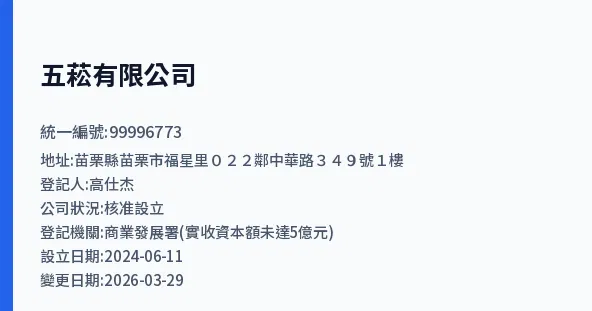 五菘有限公司的照片-統編 99996773(苗栗縣) 公司登記資料與營業項目詳細圖表