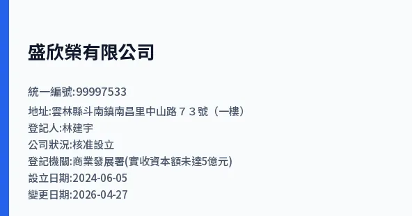 盛欣榮有限公司的照片-統編 99997533(雲林縣) 公司登記資料與營業項目詳細圖表
