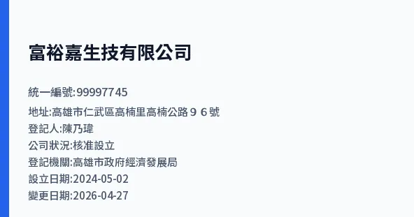 富裕嘉生技有限公司的照片-統編 99997745(高雄市) 公司登記資料與營業項目詳細圖表