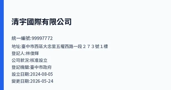 清宇國際有限公司的照片-統編 99997772(臺中市) 公司登記資料與營業項目詳細圖表