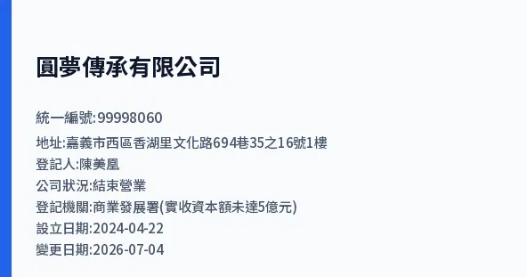 圓夢傳承有限公司的照片-統編 99998060(嘉義市) 公司登記資料與營業項目詳細圖表