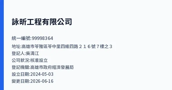 詠昕工程有限公司的照片-統編 99998364(高雄市) 公司登記資料與營業項目詳細圖表