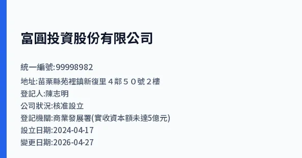 富圓投資股份有限公司的照片-統編 99998982(苗栗縣) 公司登記資料與營業項目詳細圖表