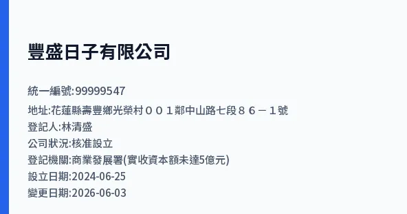 豐盛日子有限公司的照片-統編 99999547(花蓮縣) 公司登記資料與營業項目詳細圖表