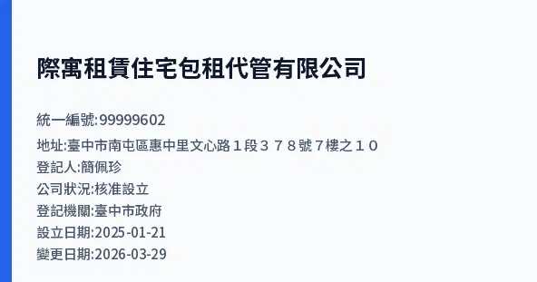 際寓租賃住宅包租代管有限公司的照片-統編 99999602(臺中市) 公司登記資料與營業項目詳細圖表