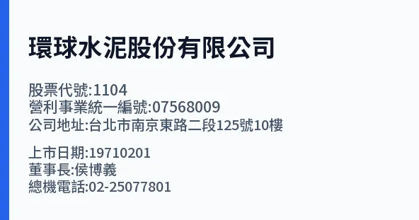 環球水泥股份有限公司 股票代號 1104 統編 07568009 上市公司基本資料圖