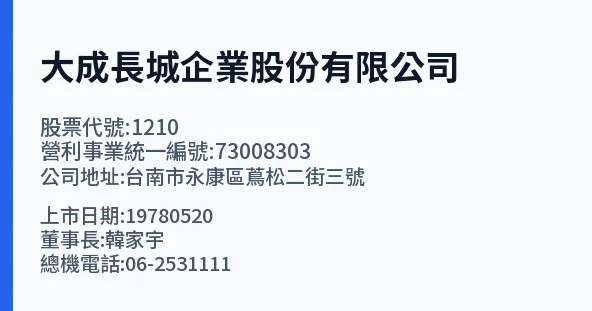 大成長城企業股份有限公司 股票代號 1210 統編 73008303 上市公司基本資料圖