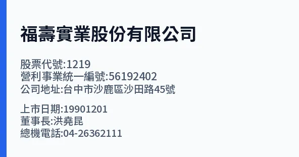 福壽實業股份有限公司 股票代號 1219 統編 56192402 上市公司基本資料圖