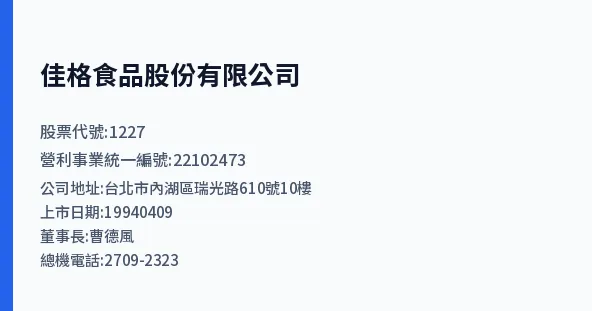佳格食品股份有限公司 股票代號 1227 統編 22102473 上市公司基本資料圖