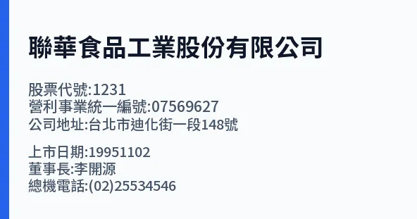 聯華食品工業股份有限公司 股票代號 1231 統編 07569627 上市公司基本資料圖