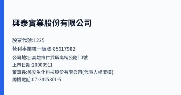 興泰實業股份有限公司 股票代號 1235 統編 85617982 上市公司基本資料圖