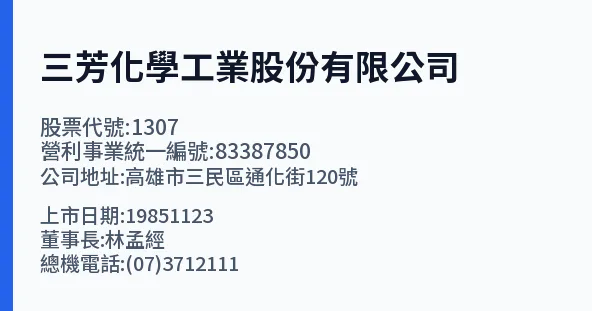 三芳化學工業股份有限公司 股票代號 1307 統編 83387850 上市公司基本資料圖