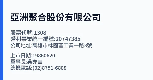 亞洲聚合股份有限公司 股票代號 1308 統編 20747385 上市公司基本資料圖