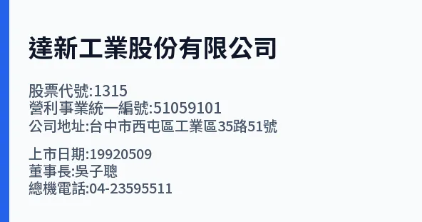 達新工業股份有限公司 股票代號 1315 統編 51059101 上市公司基本資料圖