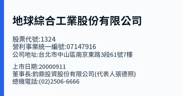 地球綜合工業股份有限公司 股票代號 1324 統編 07147916 上市公司基本資料圖
