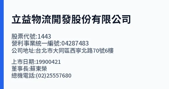 立益物流開發股份有限公司 股票代號 1443 統編 04287483 上市公司基本資料圖