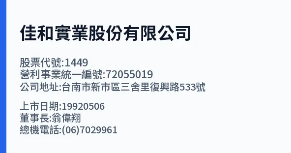 佳和實業股份有限公司 股票代號 1449 統編 72055019 上市公司基本資料圖