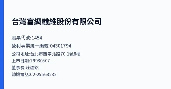 台灣富綢纖維股份有限公司 股票代號 1454 統編 04301794 上市公司基本資料圖