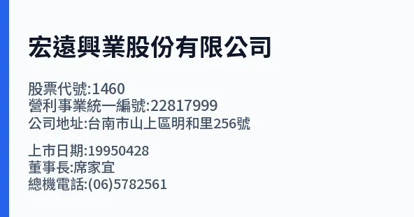 宏遠興業股份有限公司 股票代號 1460 統編 22817999 上市公司基本資料圖