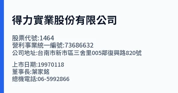 得力實業股份有限公司 股票代號 1464 統編 73686632 上市公司基本資料圖