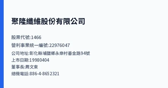 聚隆纖維股份有限公司 股票代號 1466 統編 22976047 上市公司基本資料圖