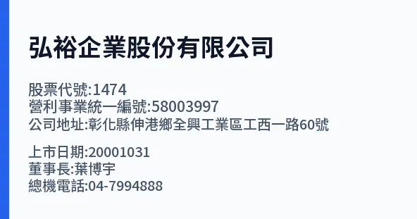 弘裕企業股份有限公司 股票代號 1474 統編 58003997 上市公司基本資料圖