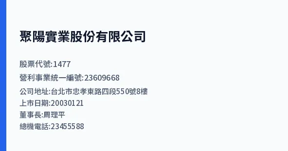 聚陽實業股份有限公司 股票代號 1477 統編 23609668 上市公司基本資料圖