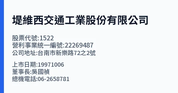 堤維西交通工業股份有限公司 股票代號 1522 統編 22269487 上市公司基本資料圖