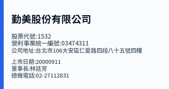 勤美股份有限公司 股票代號 1532 統編 03474311 上市公司基本資料圖