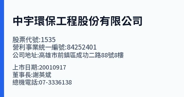中宇環保工程股份有限公司 股票代號 1535 統編 84252401 上市公司基本資料圖