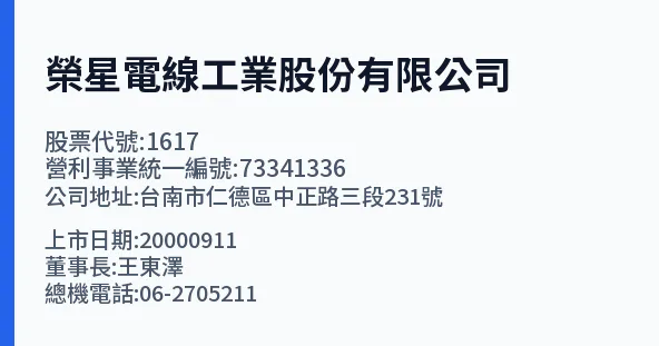 榮星電線工業股份有限公司 股票代號 1617 統編 73341336 上市公司基本資料圖