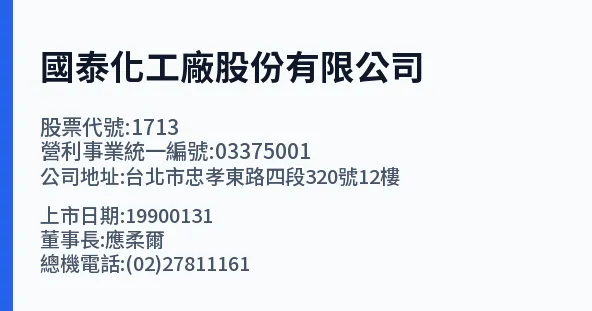 國泰化工廠股份有限公司 股票代號 1713 統編 03375001 上市公司基本資料圖