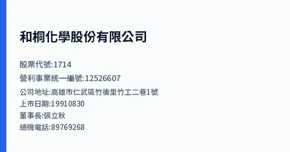和桐化學股份有限公司 股票代號 1714 統編 12526607 上市公司基本資料圖