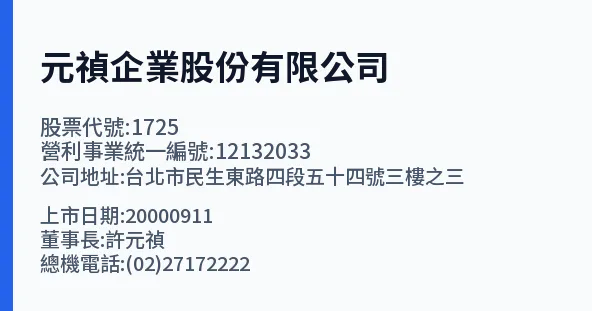 元禎企業股份有限公司 股票代號 1725 統編 12132033 上市公司基本資料圖