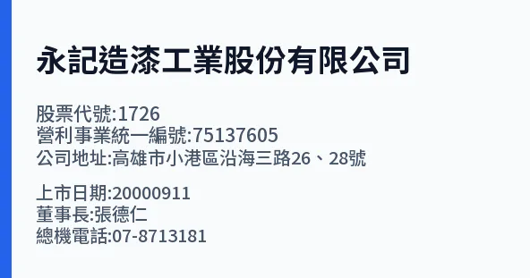 永記造漆工業股份有限公司 股票代號 1726 統編 75137605 上市公司基本資料圖