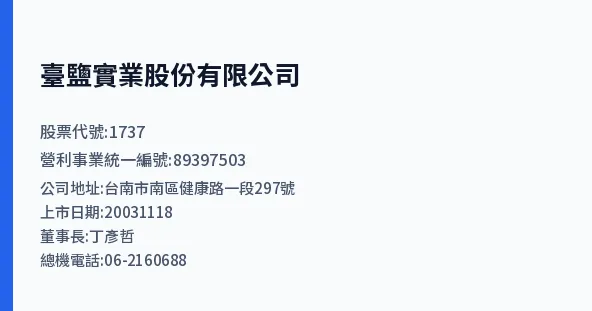 臺鹽實業股份有限公司 股票代號 1737 統編 89397503 上市公司基本資料圖