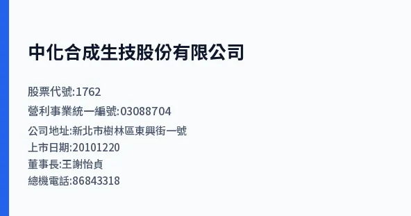 中化合成生技股份有限公司 股票代號 1762 統編 03088704 上市公司基本資料圖
