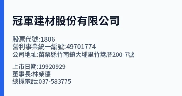 冠軍建材股份有限公司 股票代號 1806 統編 49701774 上市公司基本資料圖