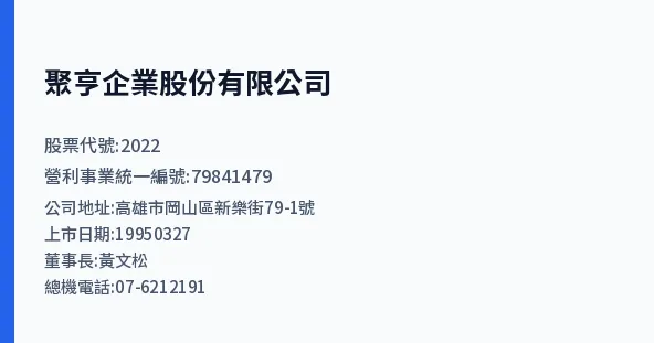 聚亨企業股份有限公司 股票代號 2022 統編 79841479 上市公司基本資料圖