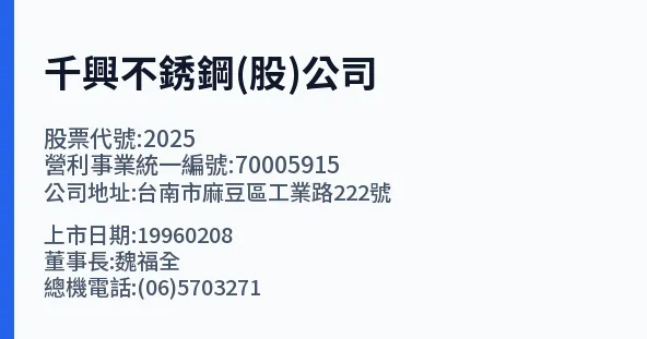 千興不銹鋼(股)公司 股票代號 2025 統編 70005915 上市公司基本資料圖