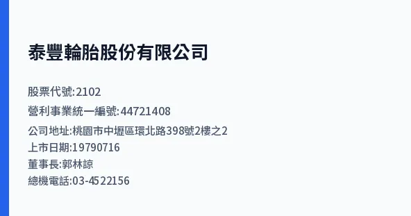 泰豐輪胎股份有限公司 股票代號 2102 統編 44721408 上市公司基本資料圖