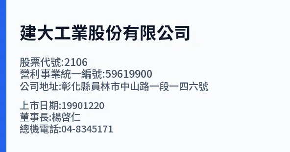 建大工業股份有限公司 股票代號 2106 統編 59619900 上市公司基本資料圖