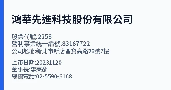 鴻華先進科技股份有限公司 股票代號 2258 統編 83167722 上市公司基本資料圖