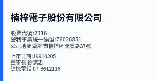 楠梓電子股份有限公司 股票代號 2316 統編 76026851 上市公司基本資料圖