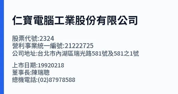 仁寶電腦工業股份有限公司 股票代號 2324 統編 21222725 上市公司基本資料圖