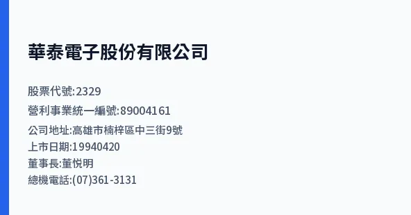 華泰電子股份有限公司 股票代號 2329 統編 89004161 上市公司基本資料圖