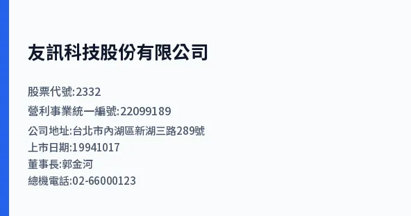 友訊科技股份有限公司 股票代號 2332 統編 22099189 上市公司基本資料圖