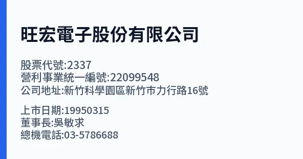 旺宏電子股份有限公司 股票代號 2337 統編 22099548 上市公司基本資料圖