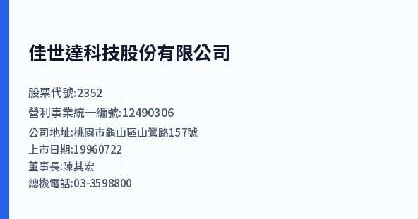 佳世達科技股份有限公司 股票代號 2352 統編 12490306 上市公司基本資料圖